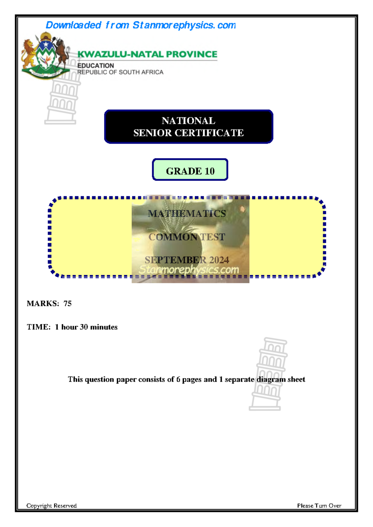NSC 10 Mathematics Common Test September 2024 - Question Paper ...