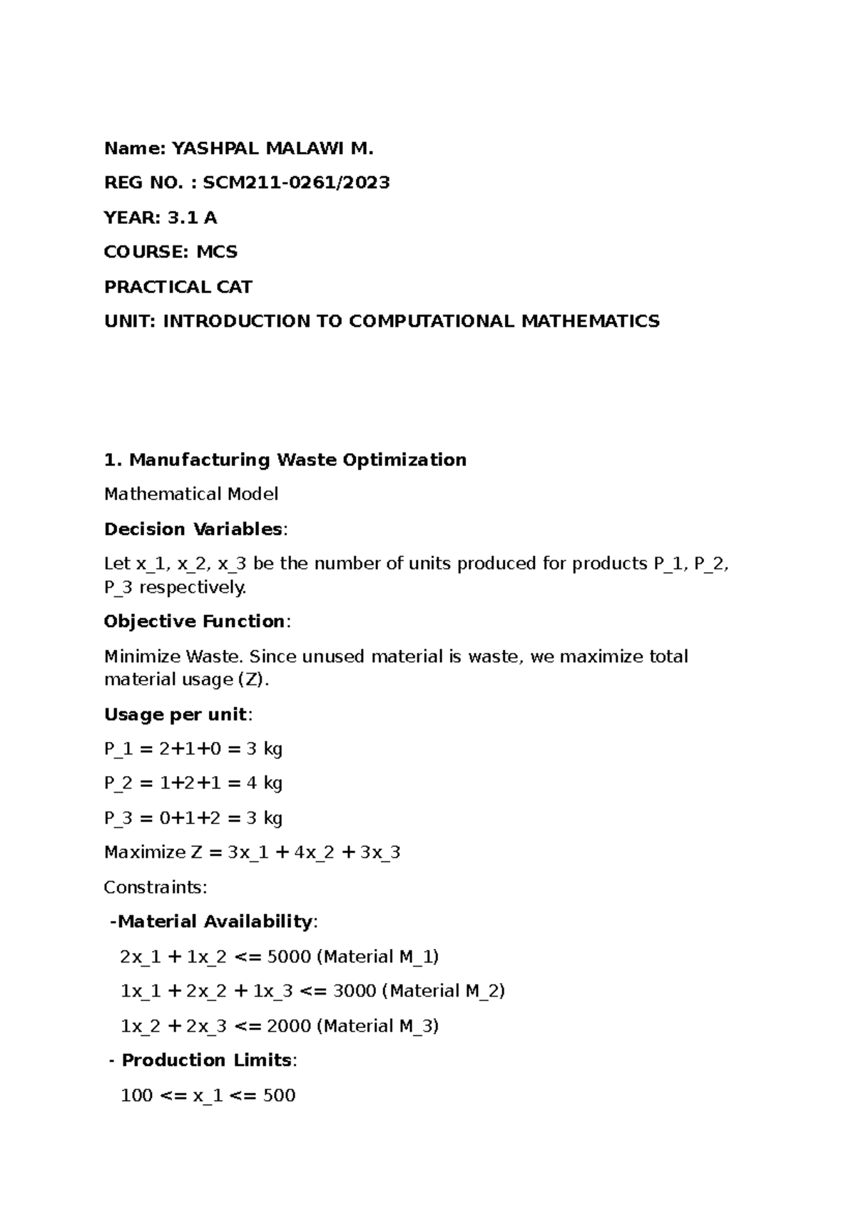 MCS Practical CAT: Manufacturing Waste Optimization Model - Studocu