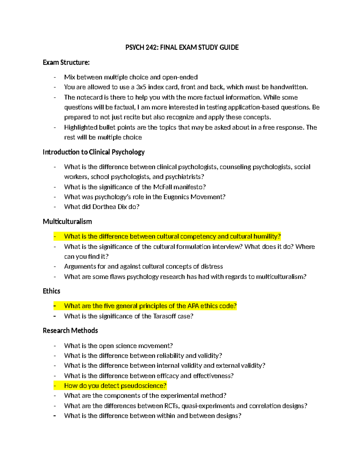 PSYCH 242: Comprehensive FINAL EXAM STUDY GUIDE with Key Topics - Studocu