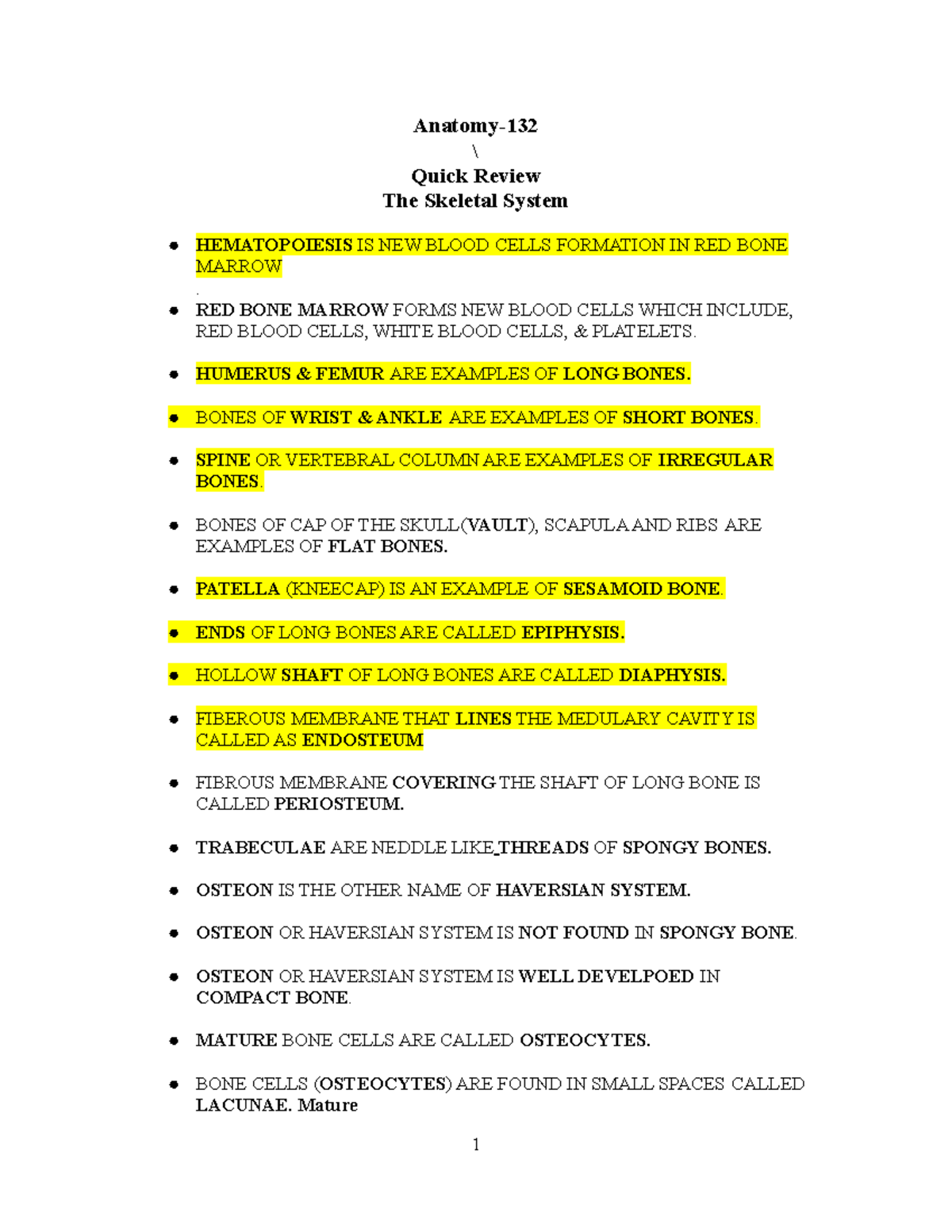 Anatomy 32 Quick Review Skeletal System - Anatomy- \ Quick Review The ...