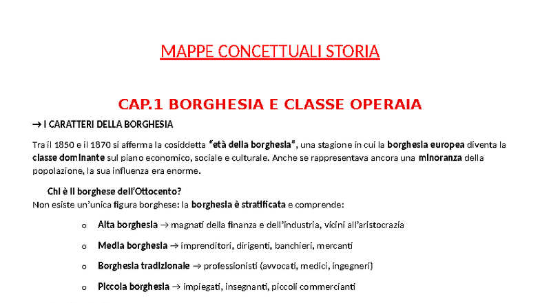 Mappe Concettuali Storia: Cap. 1 - Borghesia e Classe Operaia - Studocu