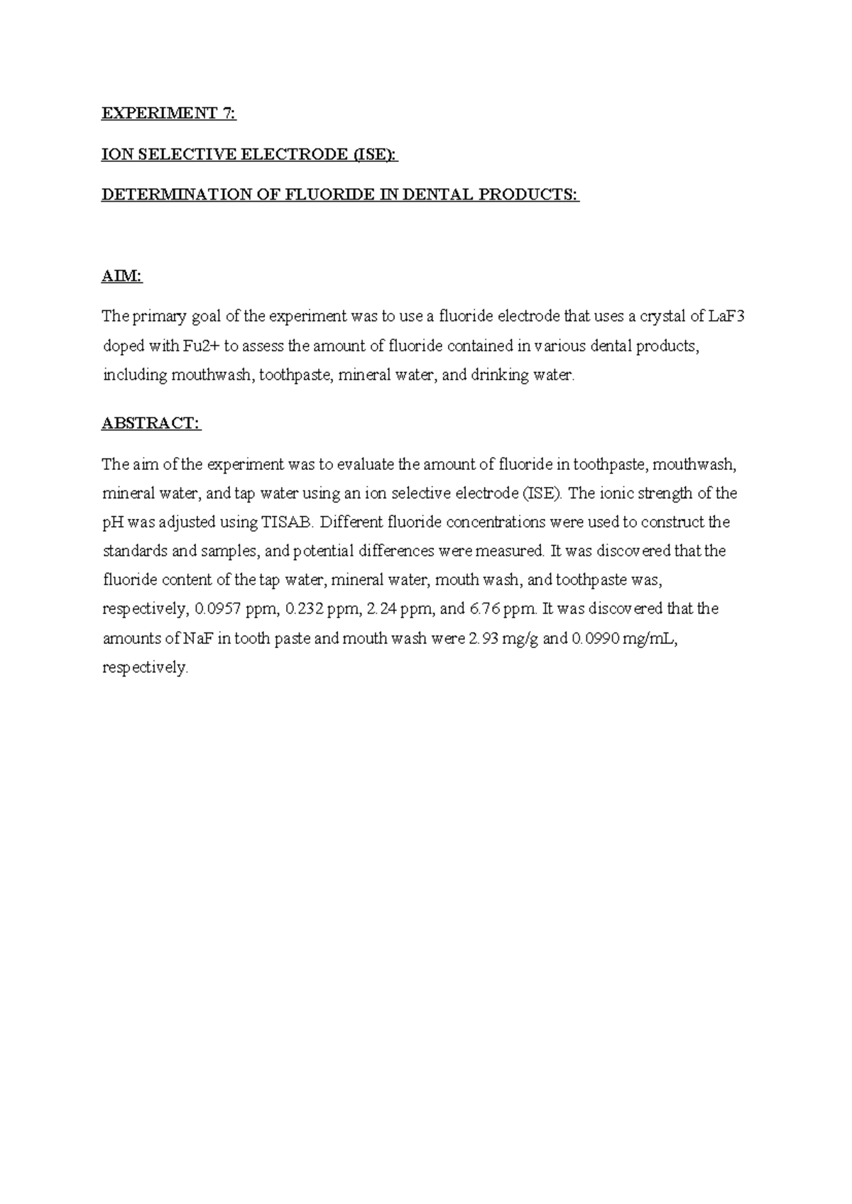 CHEM 340 Final Experiment on Fluoride Determination in Dental Products ...