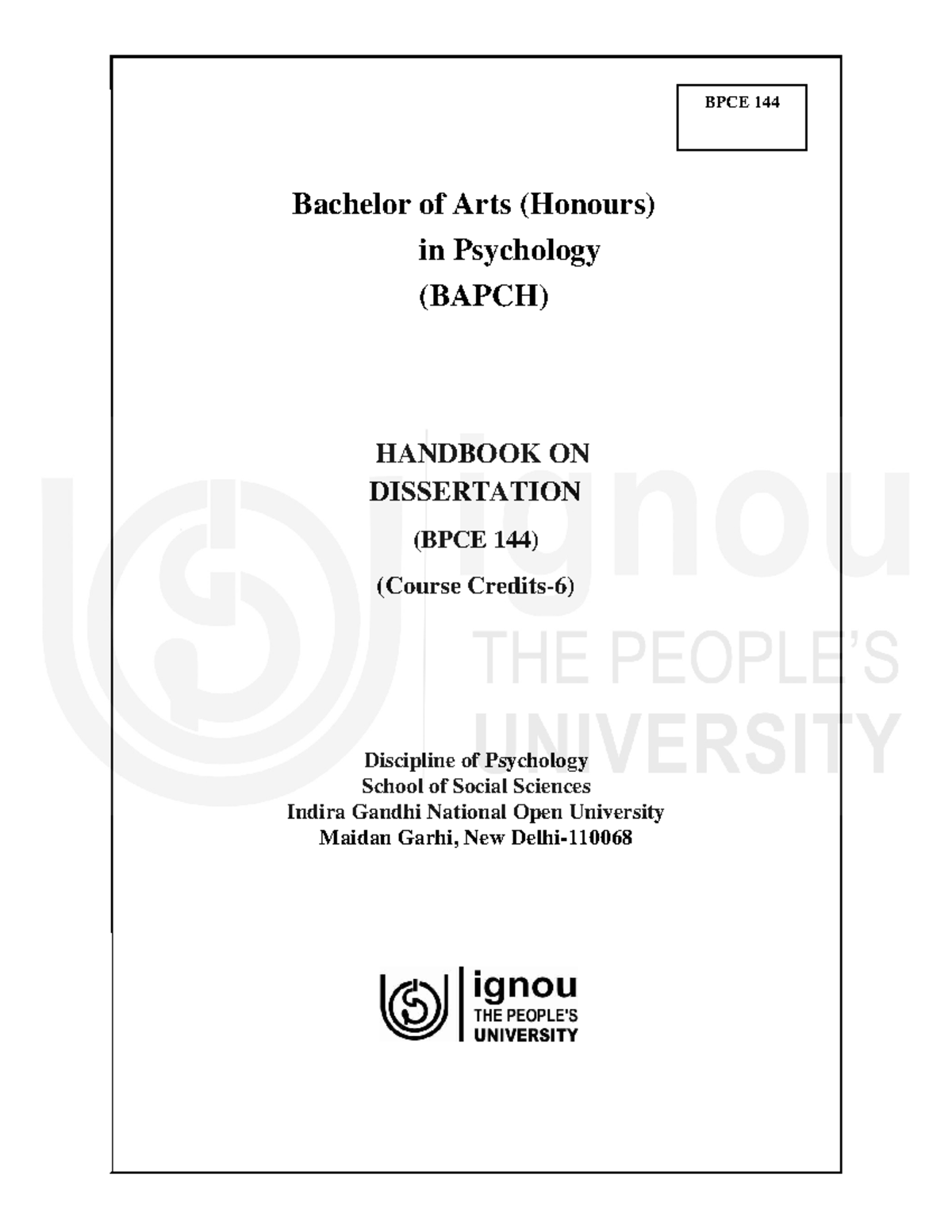 BPCE-144 Dissertation Handbook for BAPCH Program at IGNOU - Studocu