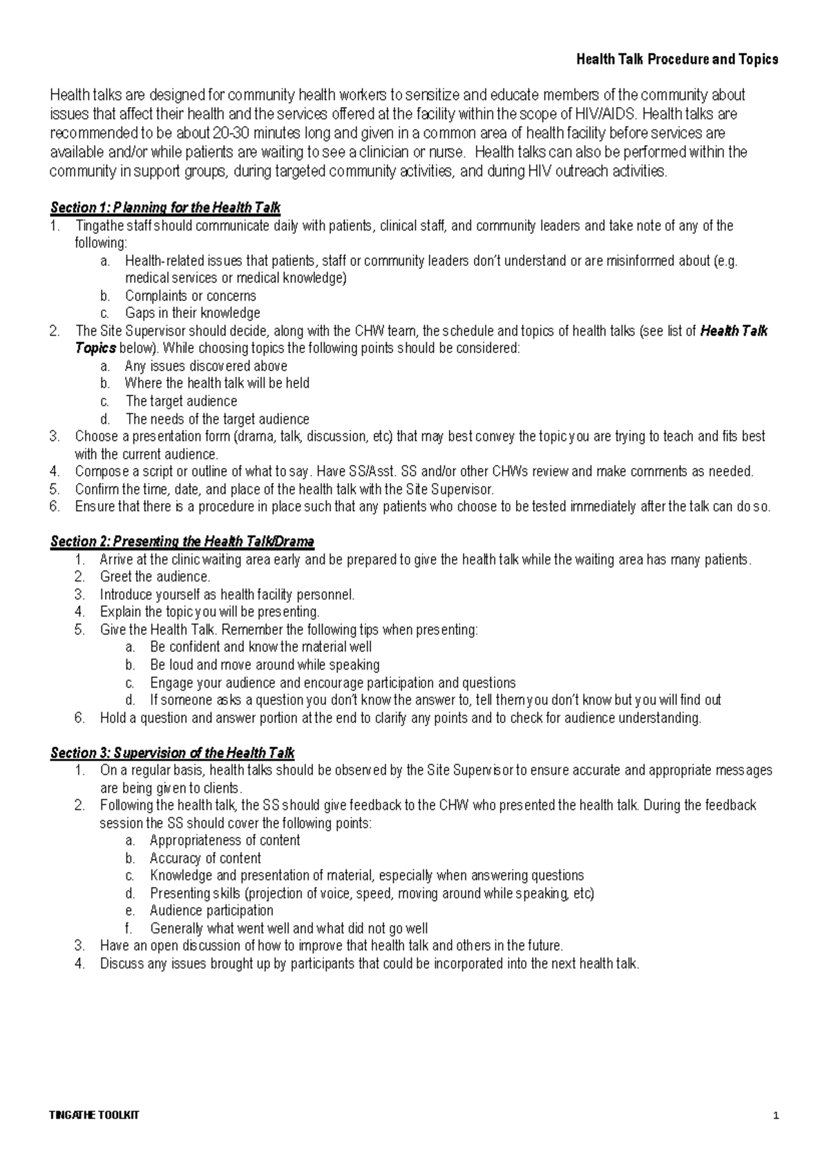 Health Talk Procedure & Topics: Tingathe Toolkit for Community Workers ...