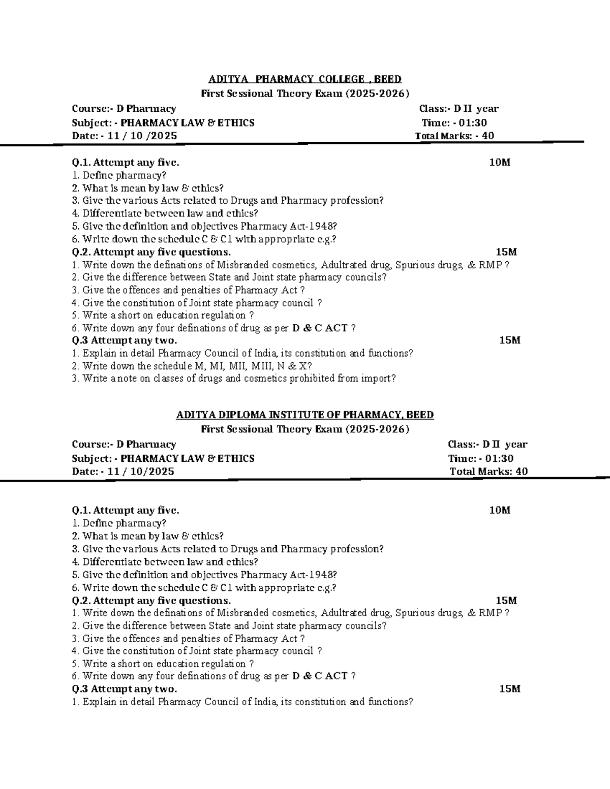D Pharmacy First Sessional Exam: Pharmacy Law & Ethics Notes - Studocu