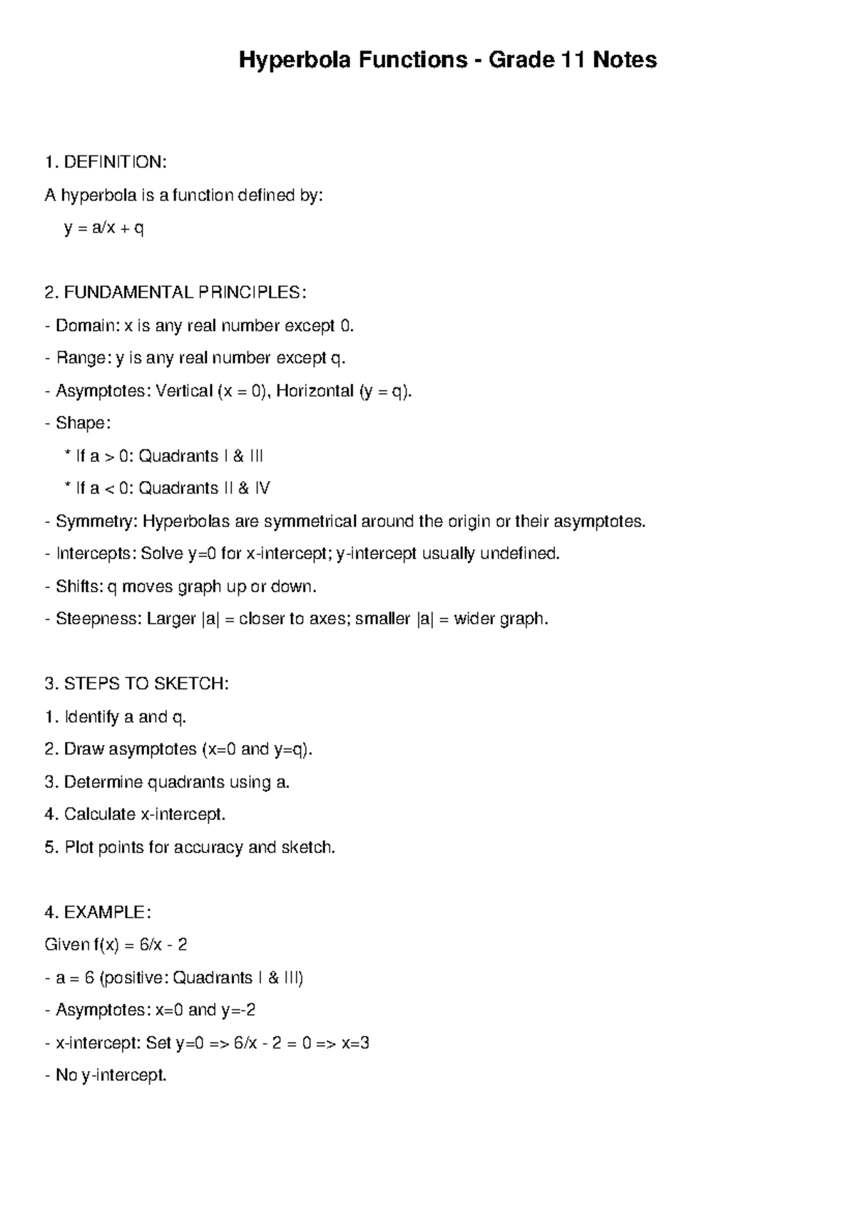 Grade 11 Hyperbola Functions Notes: Definitions & Sketching Guide - Studocu