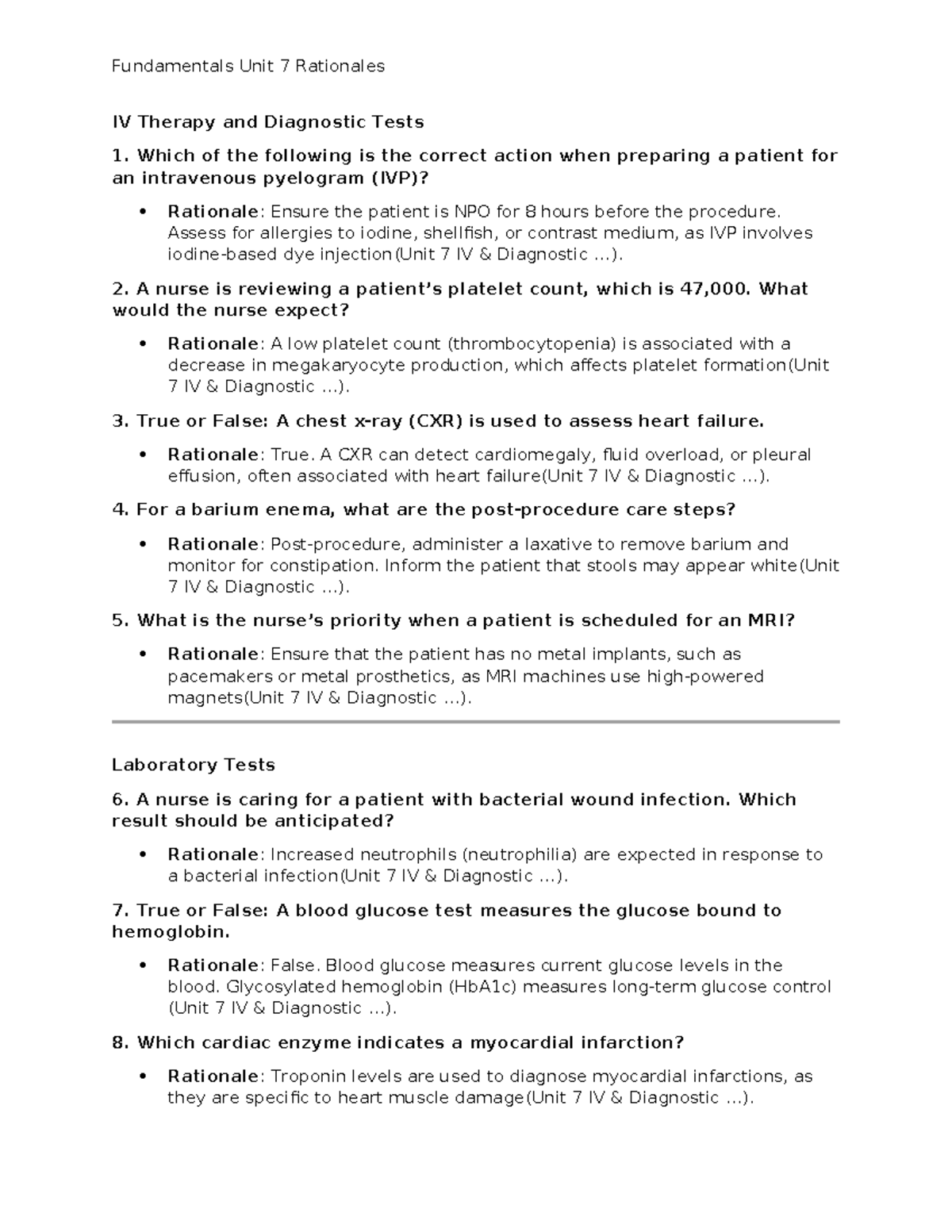 Fundamentals Unit 7 Rationales - IV Therapy and Diagnostic Tests Which ...