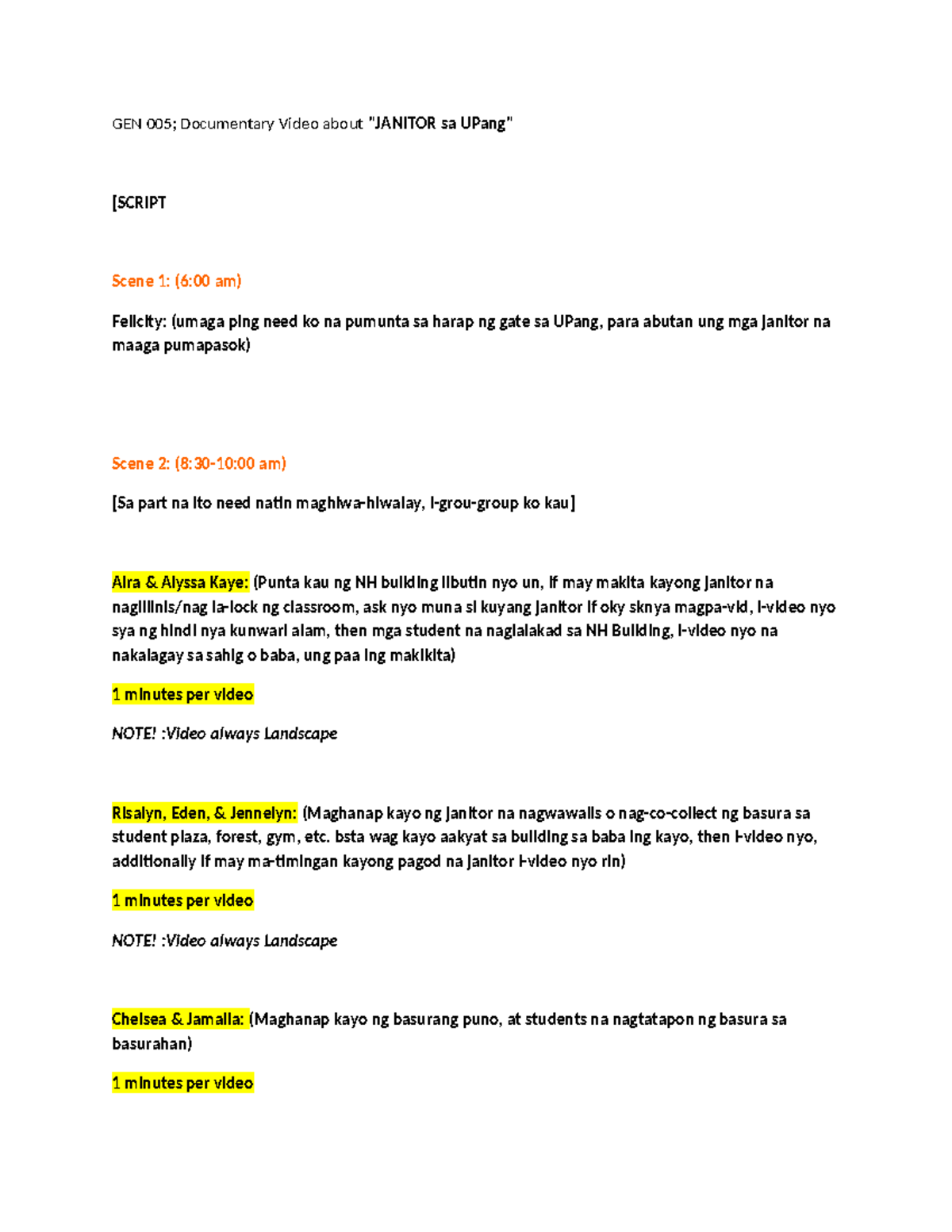 GEN 005: Documentary Video Script on Janitorial Life at UPang - Studocu