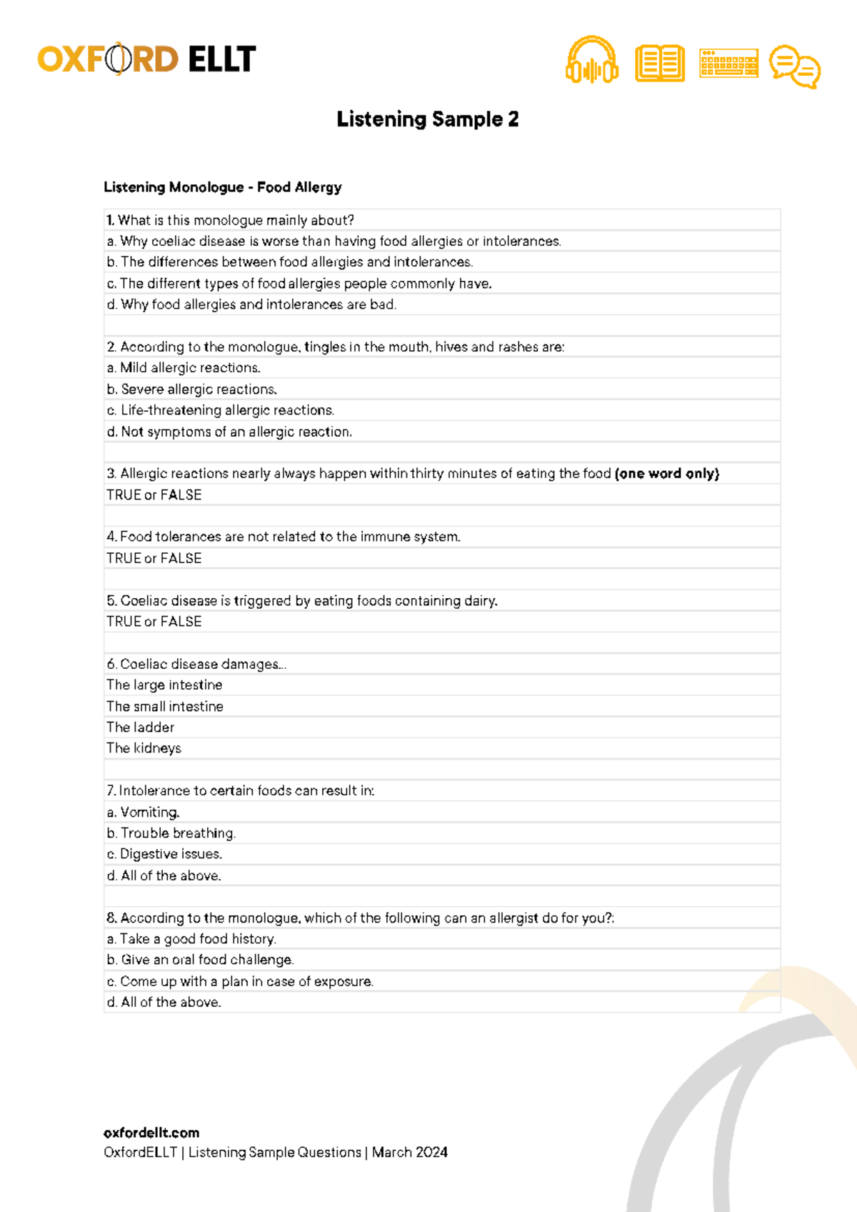 Oxford ELLT Listening Sample 2 Questions - Food Allergies & Advice ...