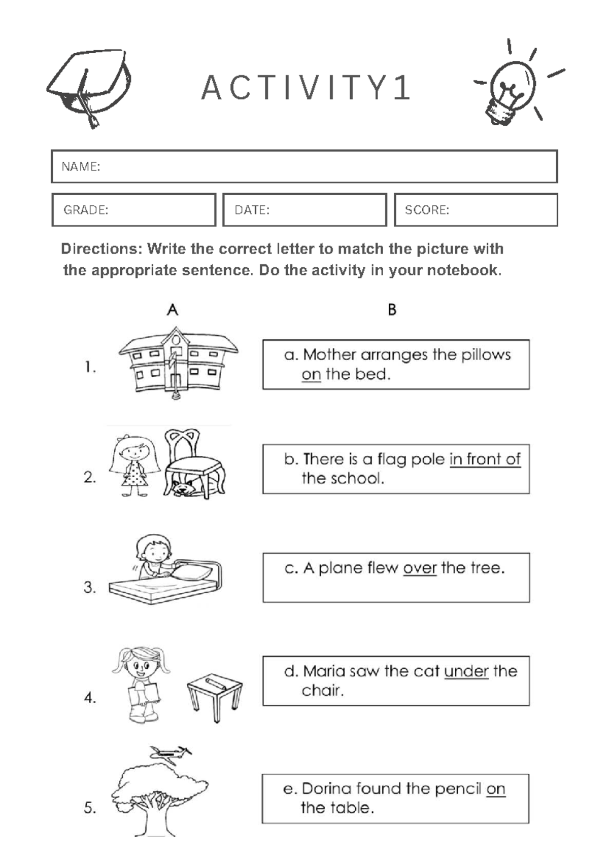 Activity sheet for prepositions assessment - Studocu