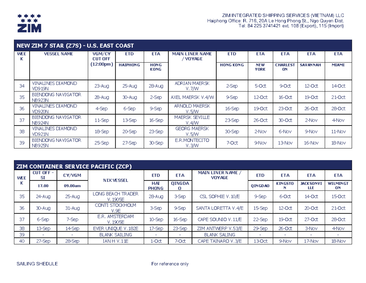 ZIM Shipping Services Haiphong Schedule (Z7S, ZGC, ZGX) - Studocu