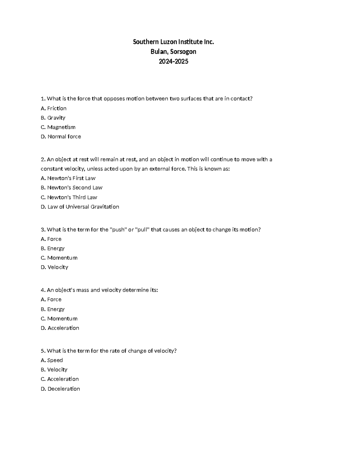 Group 3 - Physics Multiple Choice Questions for 2024 - Studocu