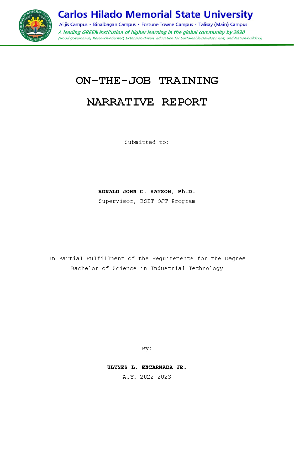 BSIT OJT Narrative Report by Ulyses L. Encarnada Jr. - Studocu