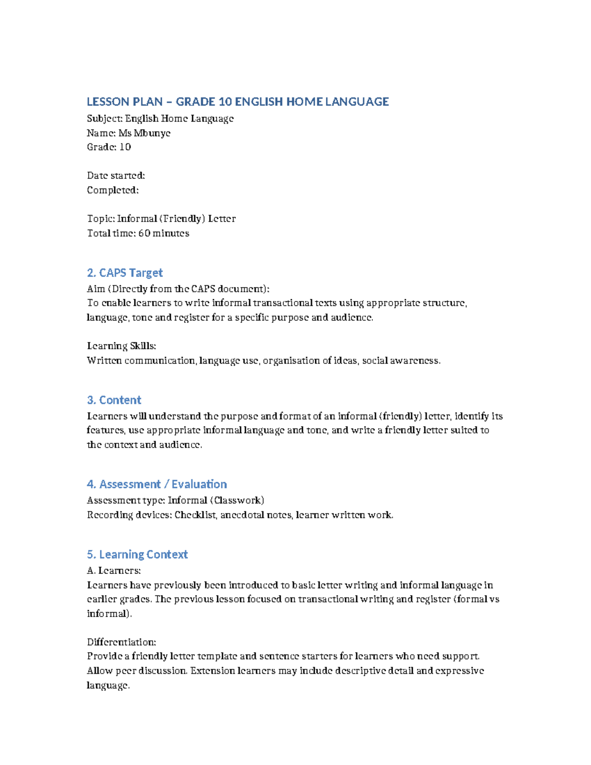 Grade 10 English Home Language Lesson Plan: Informal Letter Writing ...