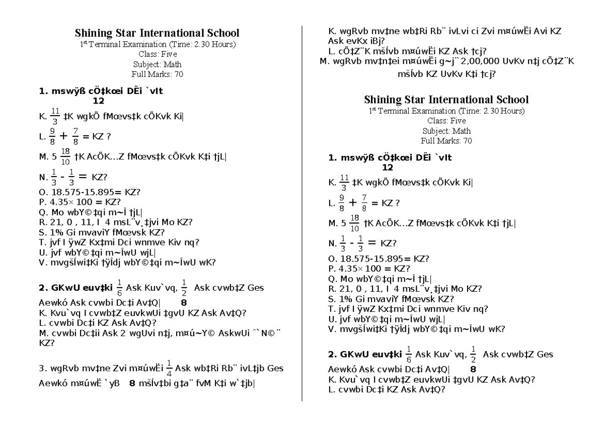 SSIS 1st Terminal Exam - Class Five Math Full Marks: 70 - Studocu