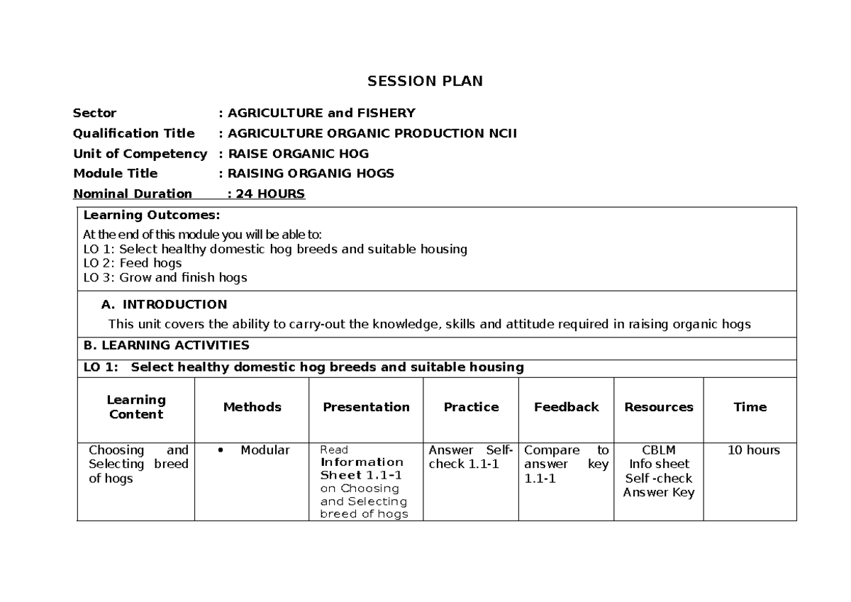 Session Plan for Raising Organic Hogs (Agriculture NC II) - Studocu