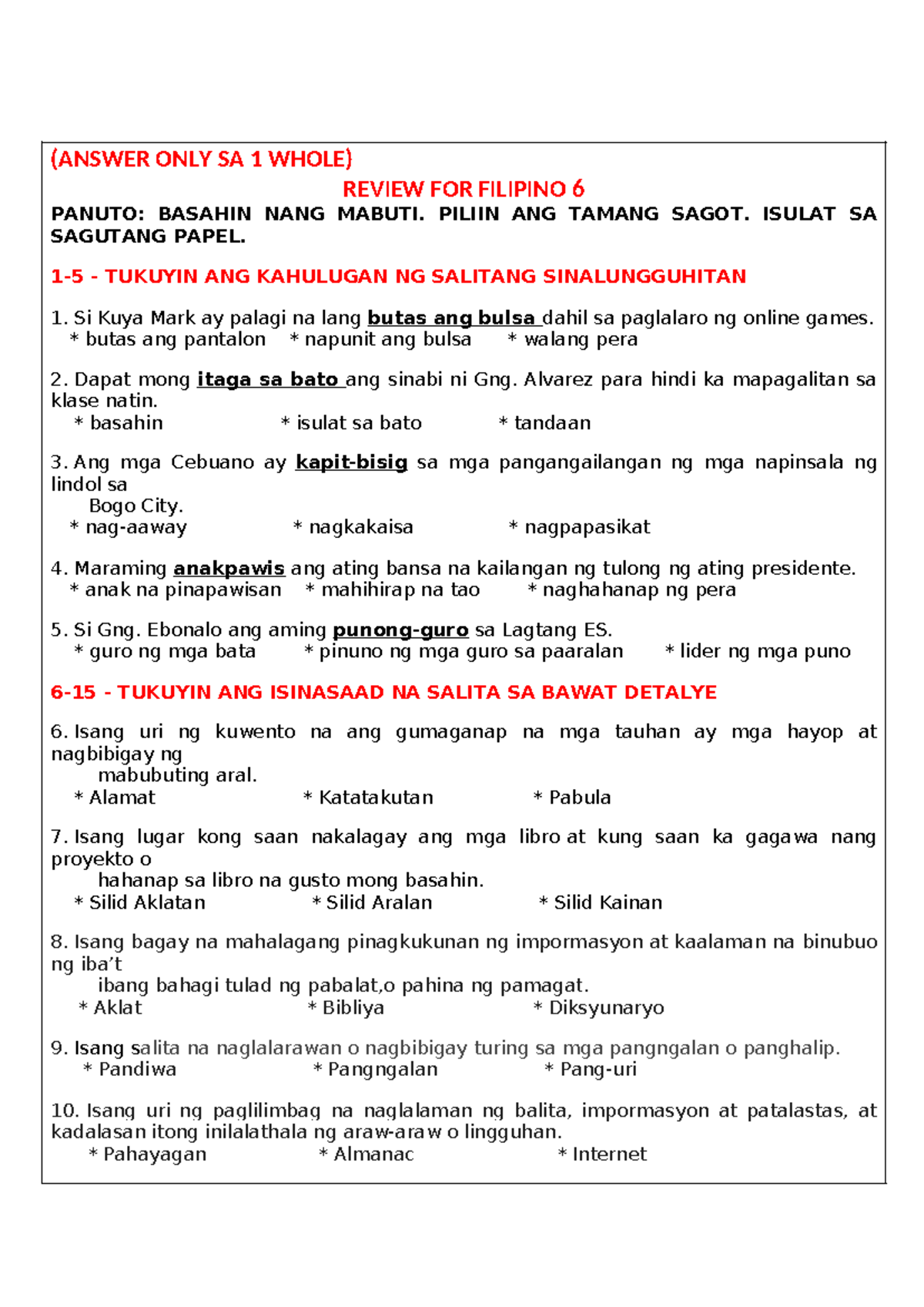 Review Lesson for Filipino 6: Understanding Context and Vocabulary ...
