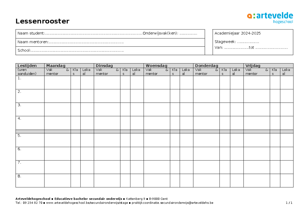 2425 AS - Sjabloon weekrooster - Lessenrooster Naam - Studocu