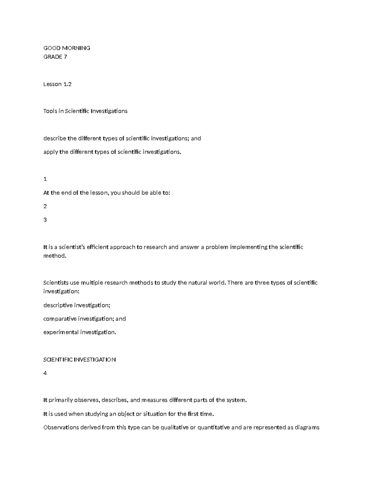 G7 Lesson 1.2: Types of Scientific Investigations Explained - Studocu