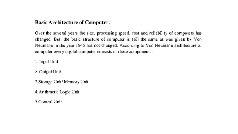 Basic Architecture of Computer: Unit 1 Overview (CS101) - Studocu