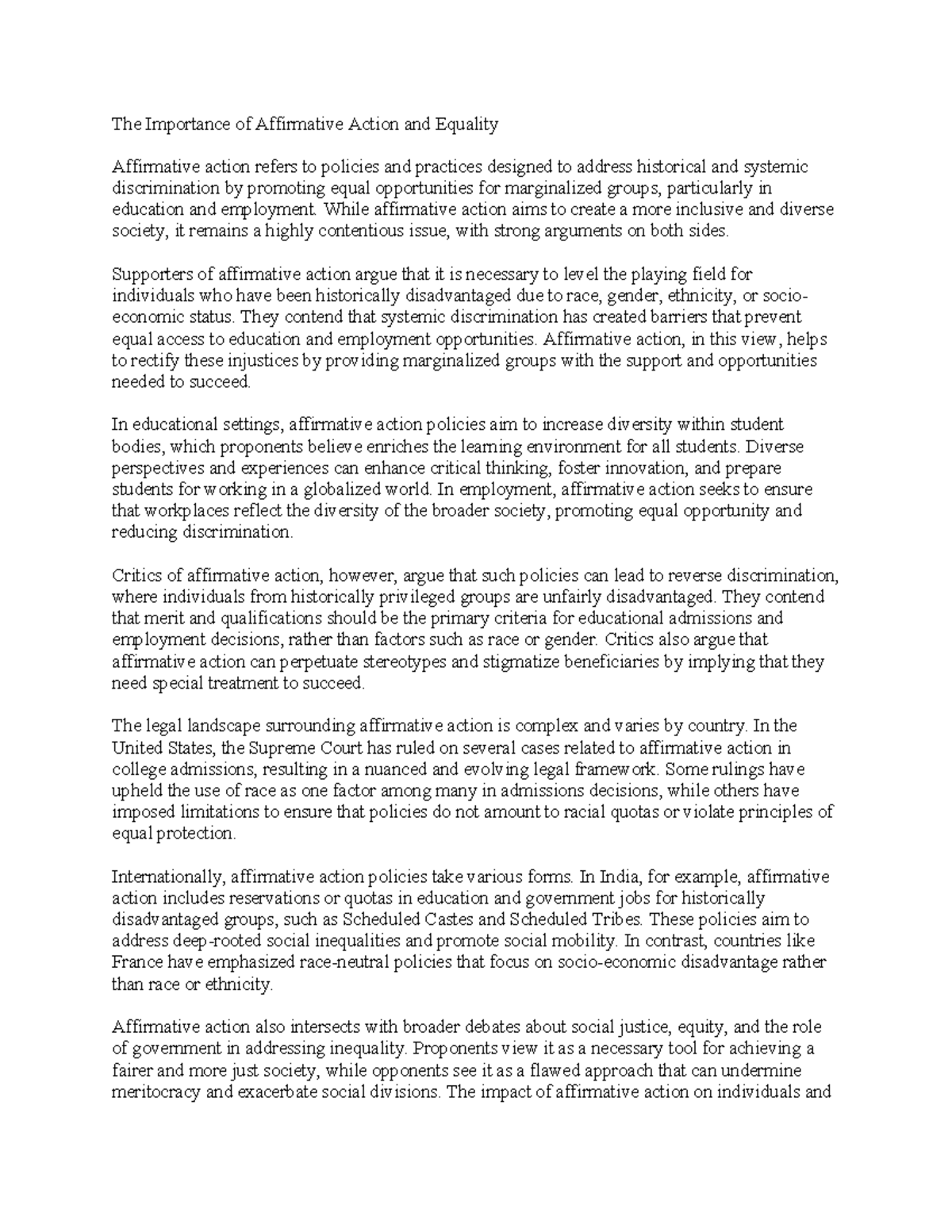 Affirmative Action & Equality: A Critical Analysis of Policies - Studocu