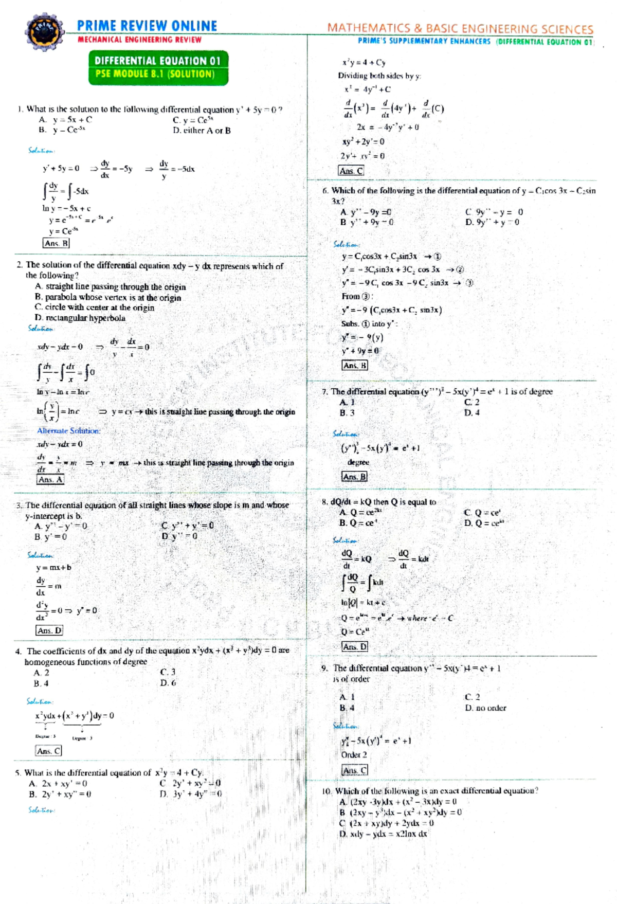 ME 81 Differential Equations 01 Solutions - Comprehensive Review - Studocu