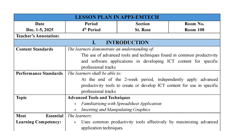 Lesson Plan: Advanced Tools & Techniques in ICT (Dec 2025) - Studocu