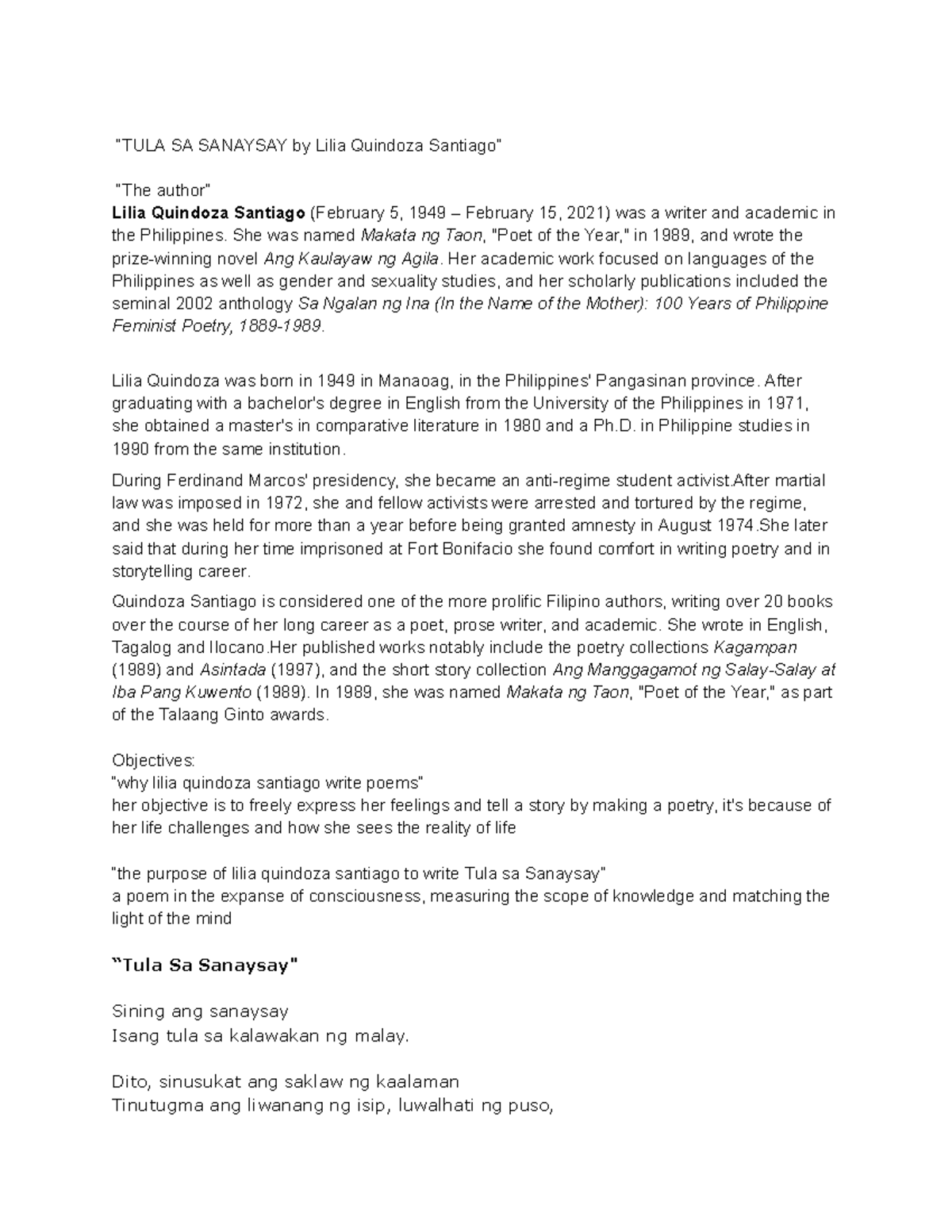 Tula sa Sanaysay: Isang Pagsusuri ng Akda ni Lilia Quindoza Santiago ...