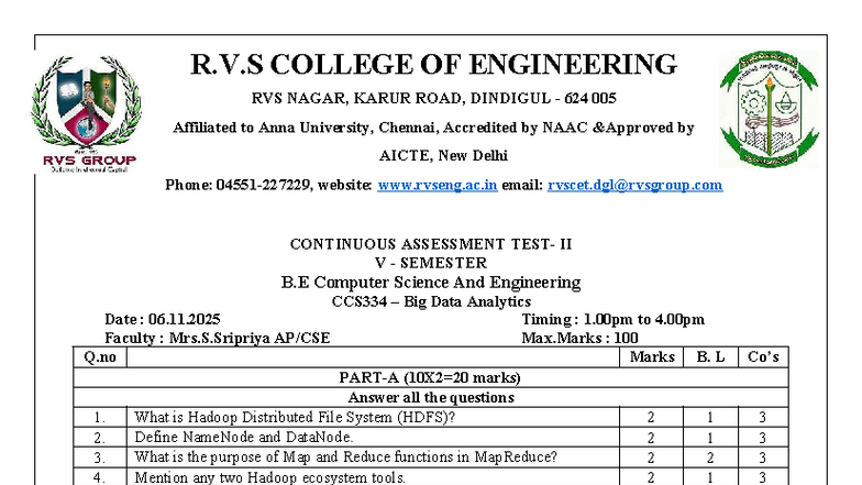 CA II CCS334 Big Data Analytics Exam Questions and Answers - Studocu