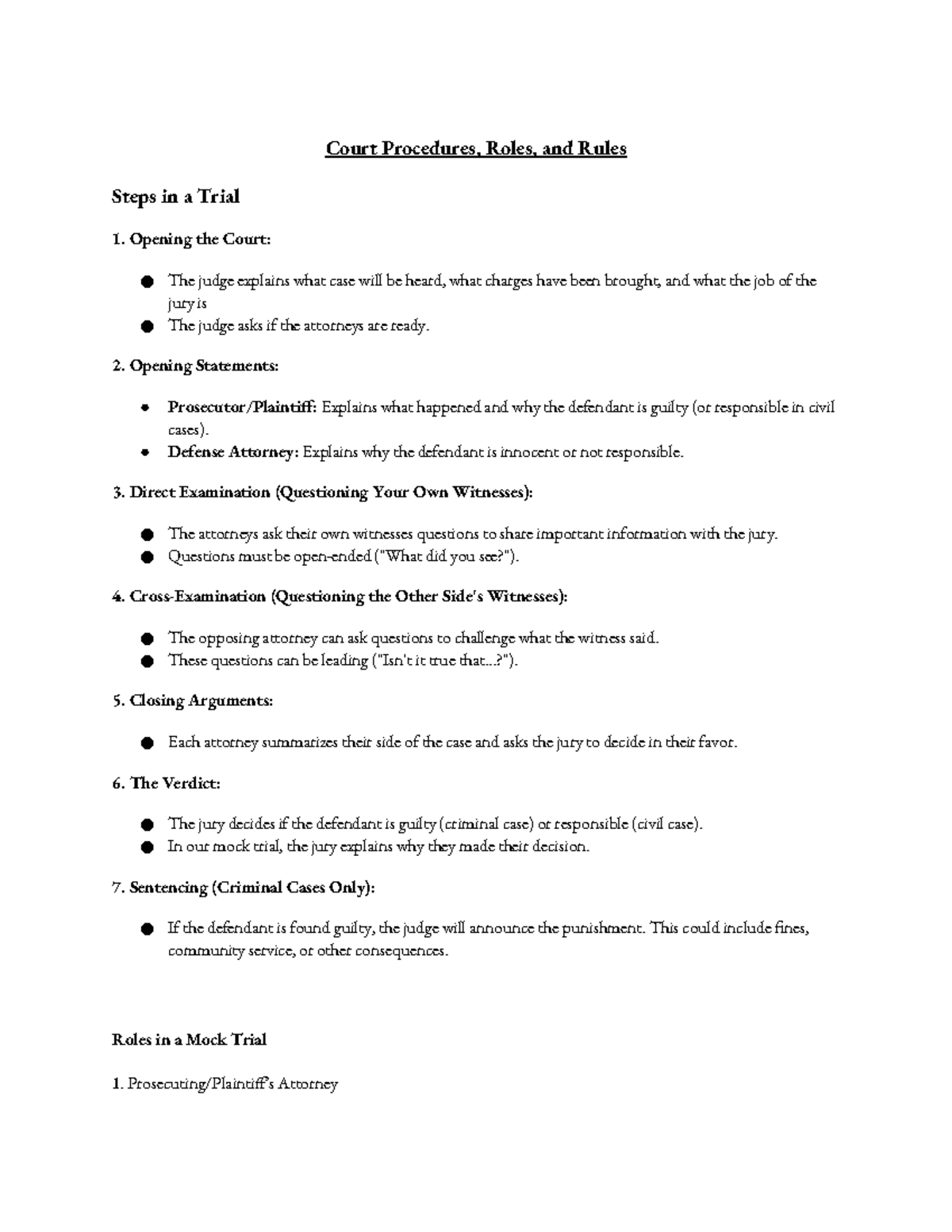 Court Procedures and Roles in a Mock Trial: Steps Explained - Studocu