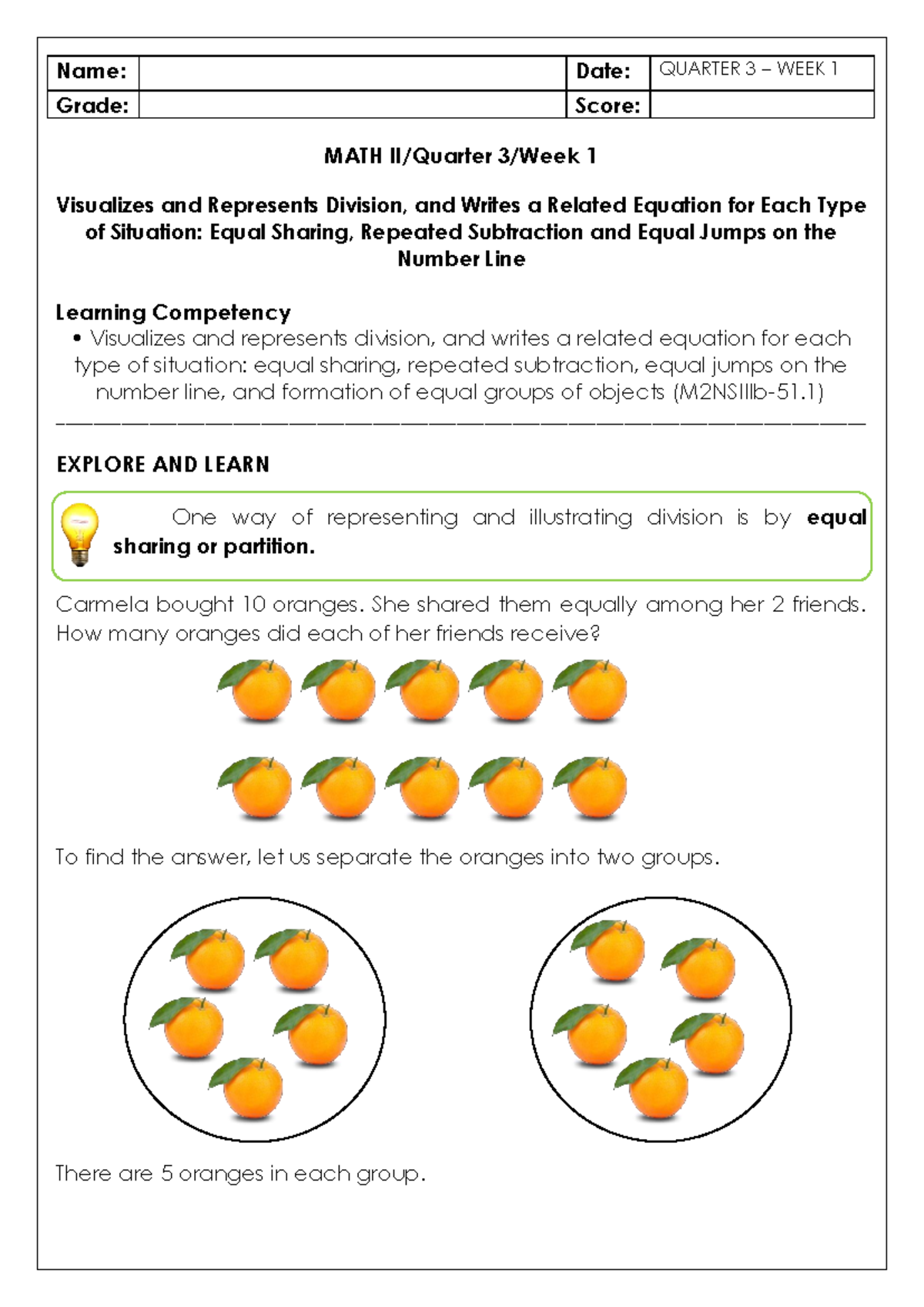 Quarter 3 week 1 Math 1: Visualizing division and related equations ...