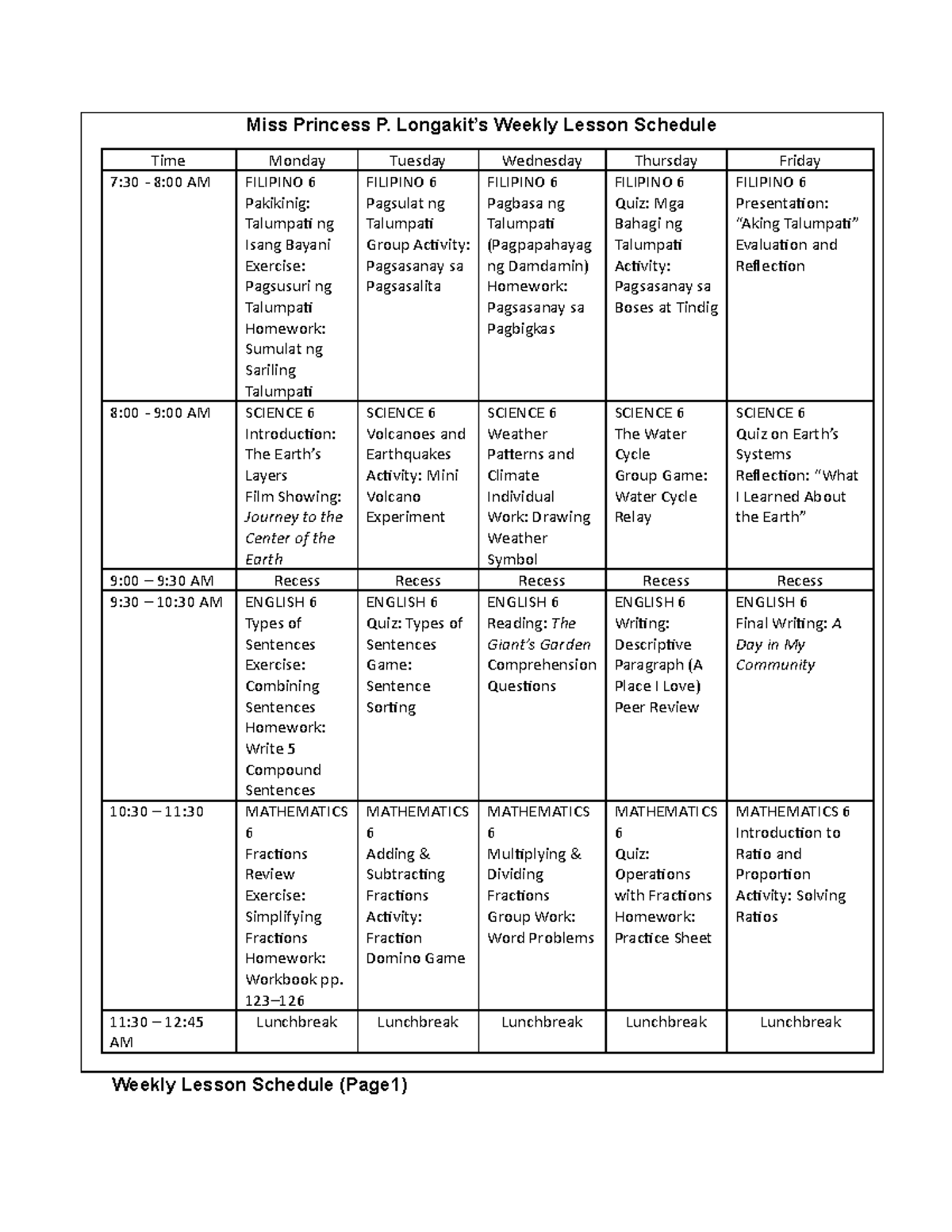FILIPINO 6 Weekly Lesson Schedule: Talumpati and More Activities - Studocu