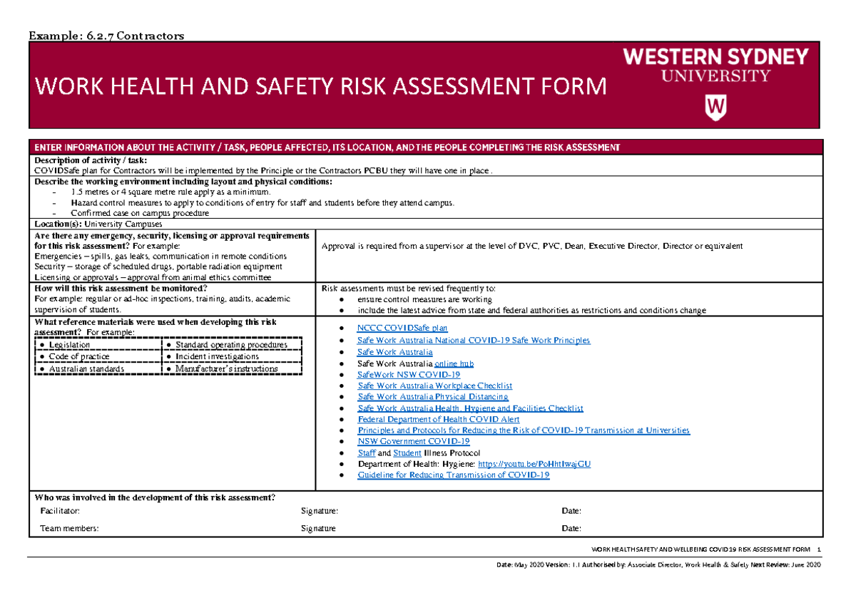 CWS WORK HEALTH & SAFETY COVID-19 RISK ASSESSMENT FORM - Studocu