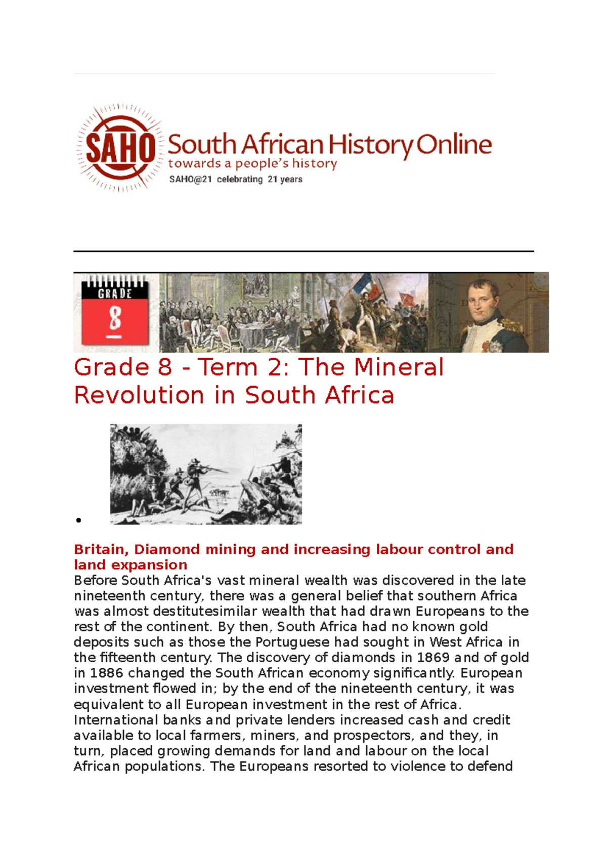 Grade 8 Term 2 History - Summary of The Mineral Revolution in SA - Studocu