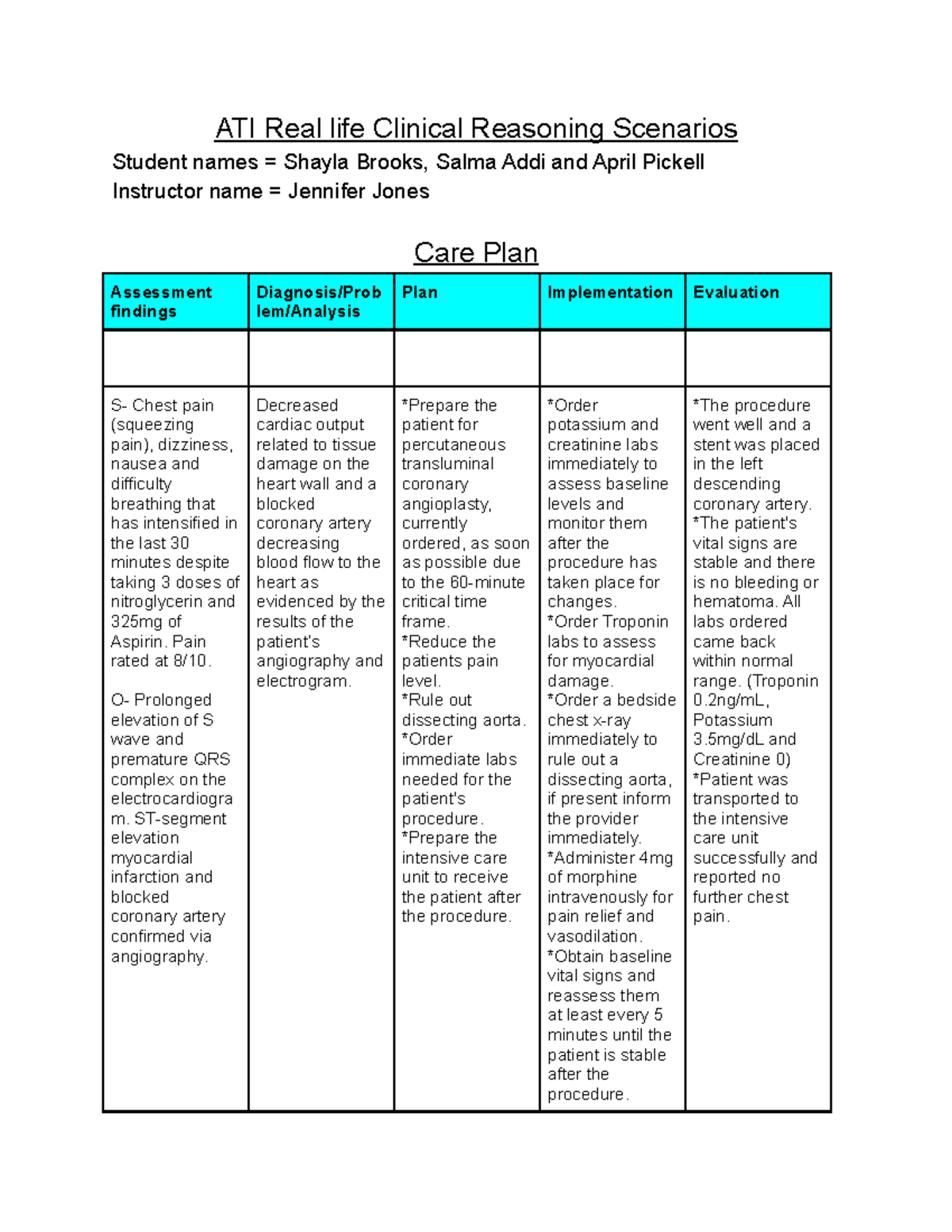 MI-ATI Final Exam Clinical Reasoning Scenario and Care Plan - Studocu