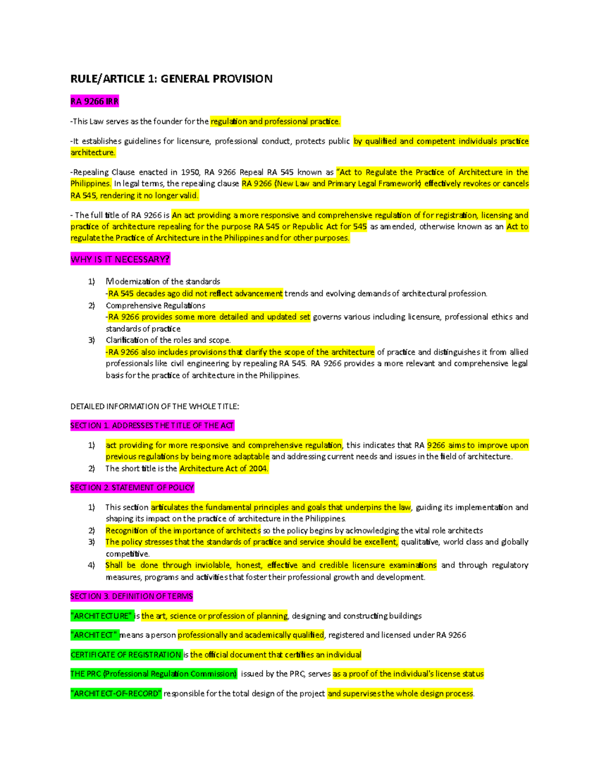 RA-9266 Summary: Key Provisions of the Architecture Act of 2004 - Studocu