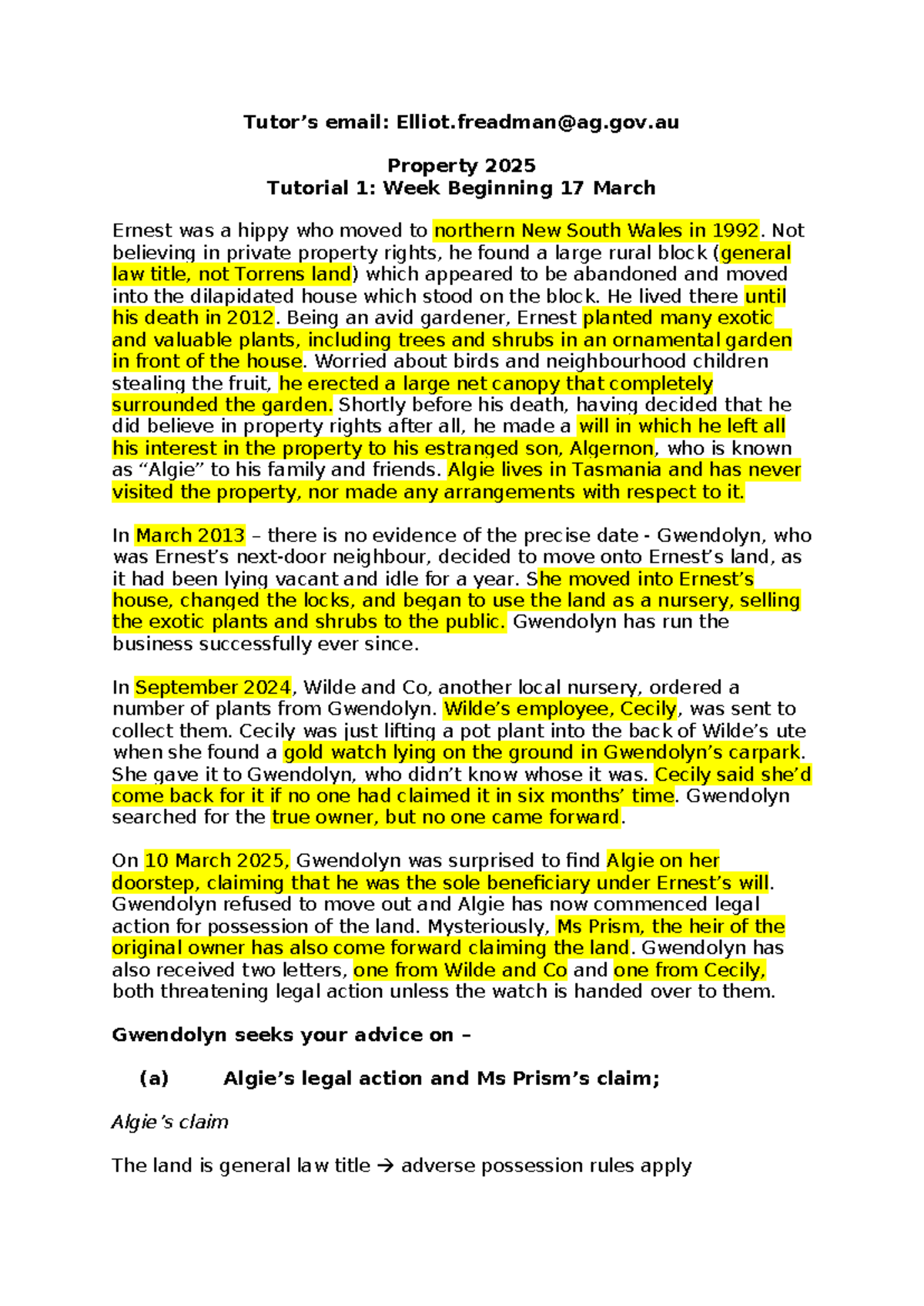 Tute 1 - Week 5 - Tutorial notes week 5 - Tutor’s email: Elliot@ag.gov ...