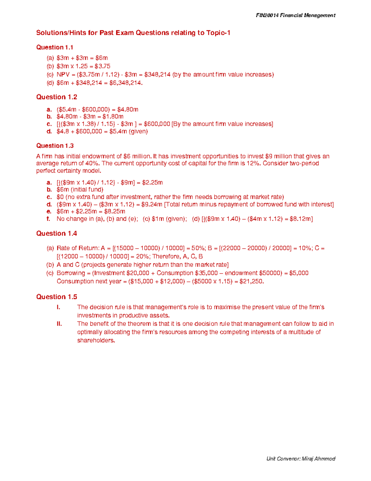 FIN20014 Financial Management Past Exam Solutions and Key Questions ...