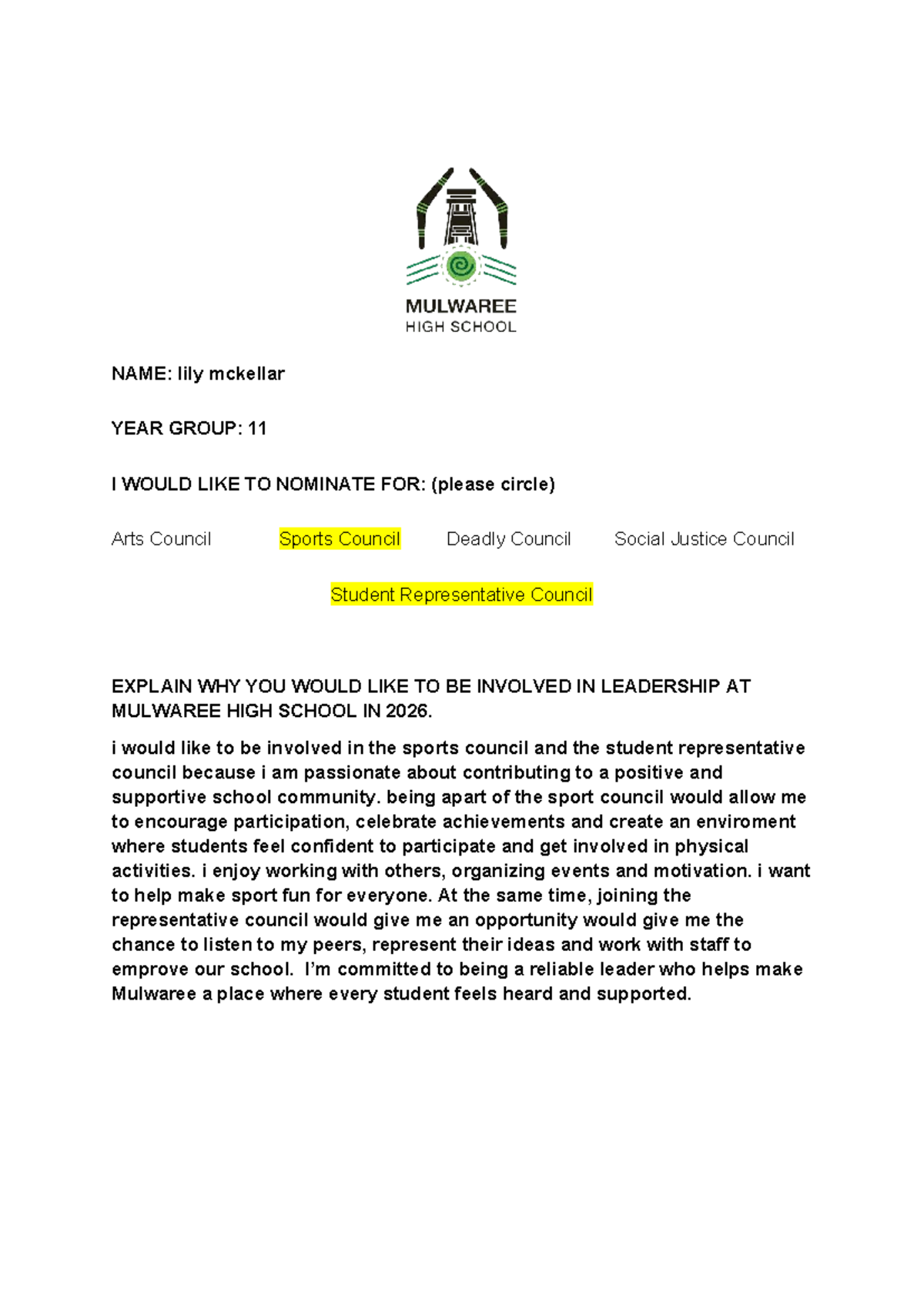 Leadership Application for Mulwaree High School 2026 - Studocu