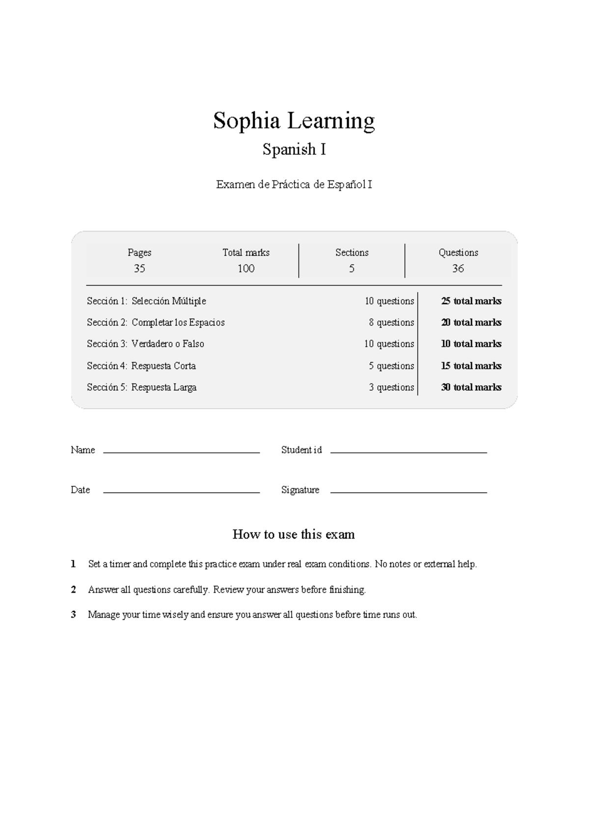 Spanish I Examen de Práctica - Mock Exam 2026 - Studocu