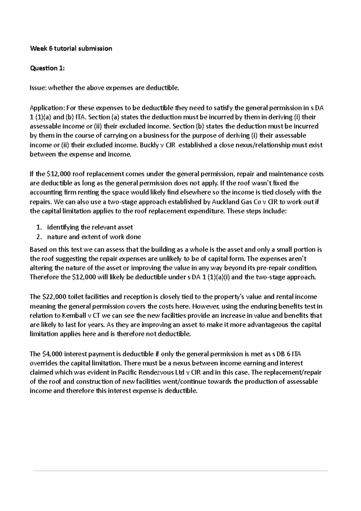 Week 6 Tutorial Submission: Deductions Analysis and Case Applications ...