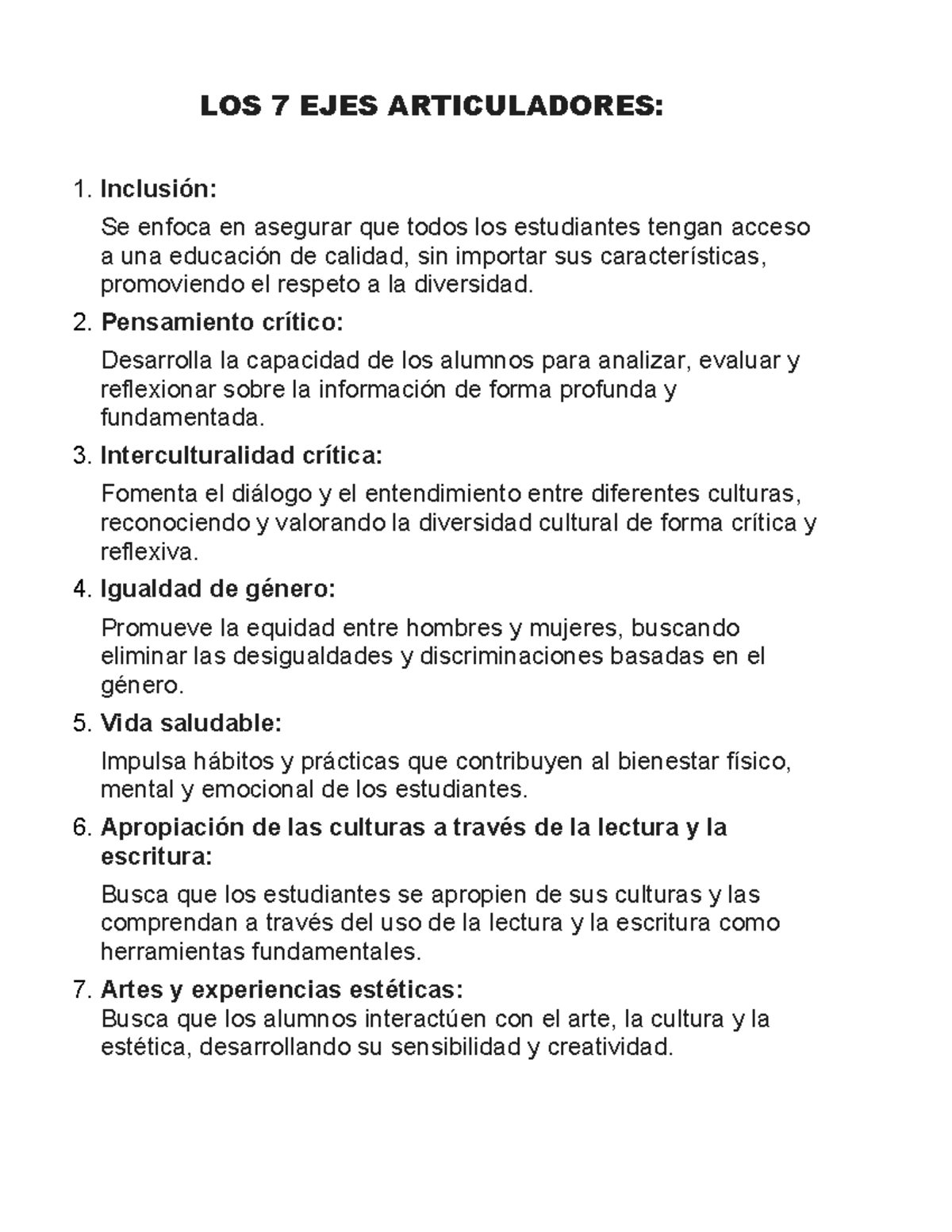 LOS 7 EJES ARTICULADORES EN EDUCACIÓN: Inclusión, Igualdad y Más - Studocu