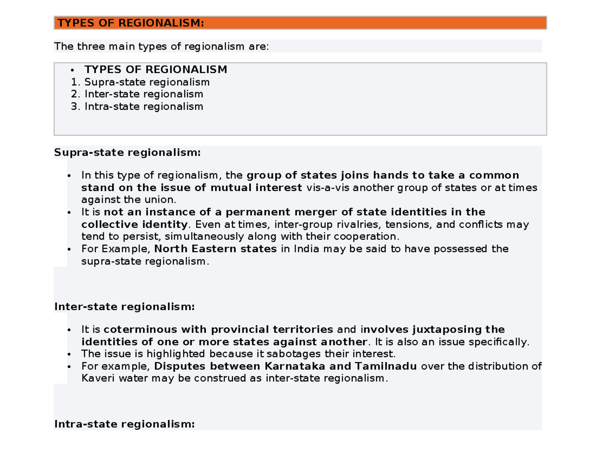 Types OF Regionalism - important - TYPES OF REGIONALISM: The three main ...