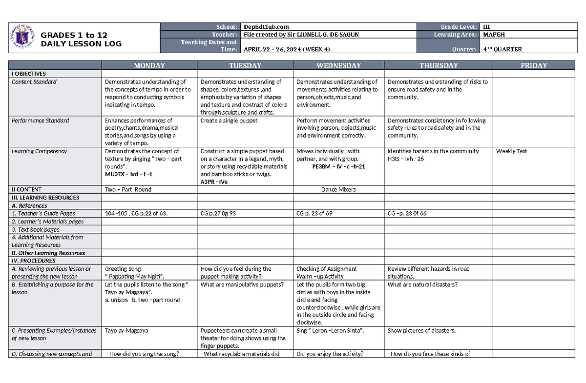 DLL Mapeh 3 Q4 W4 - Lesson Log - GRADES 1 to 12 DAILY LESSON LOG School ...