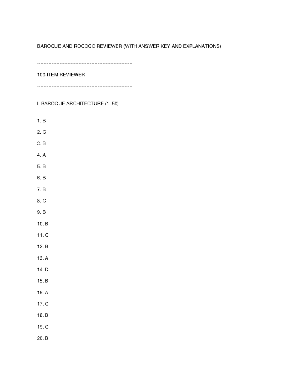 BAROQUE AND ROCOCO REVIEWER (WITH ANSWERS & EXPLANATIONS) - Studocu