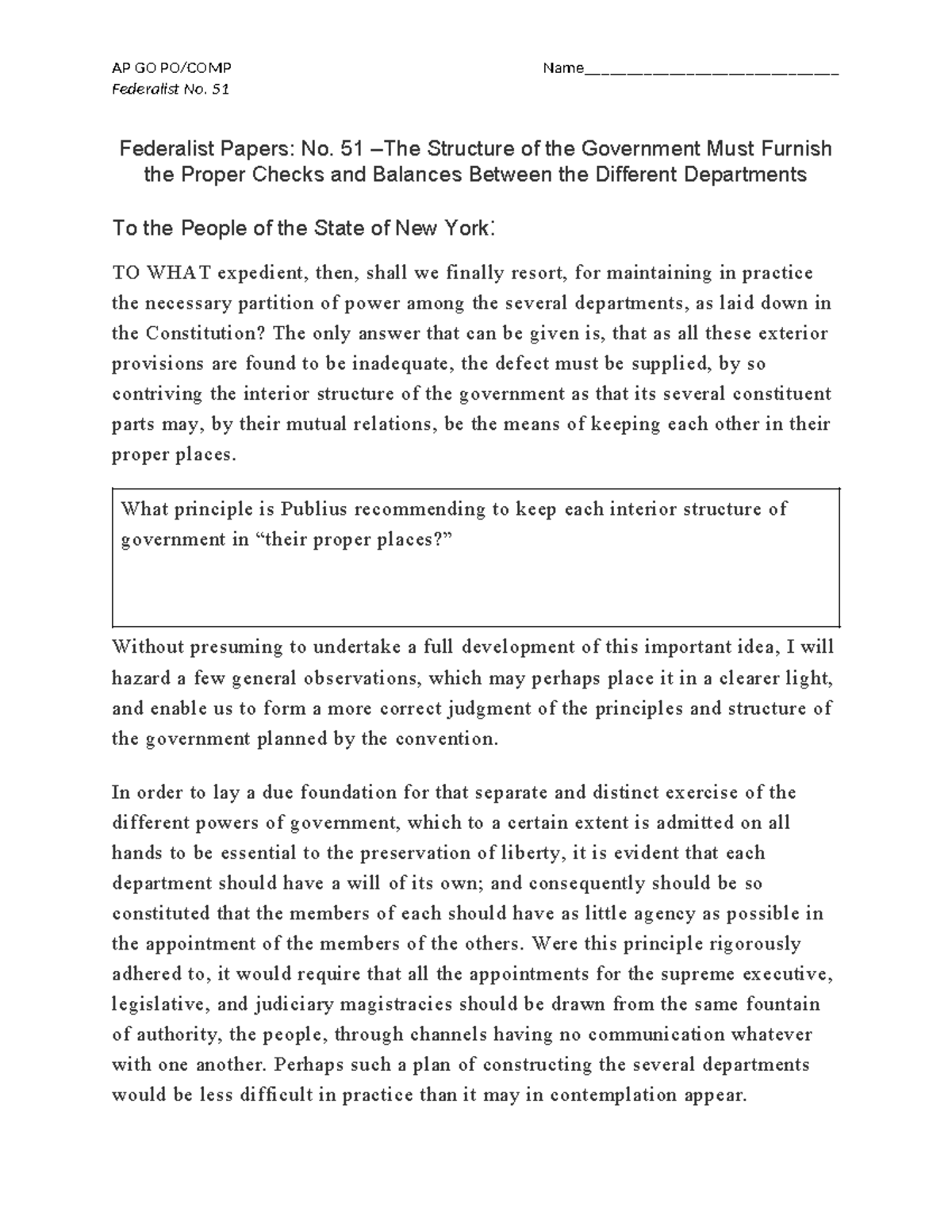 AP GO Federalist No. 51: Checks and Balances in Government Structure ...