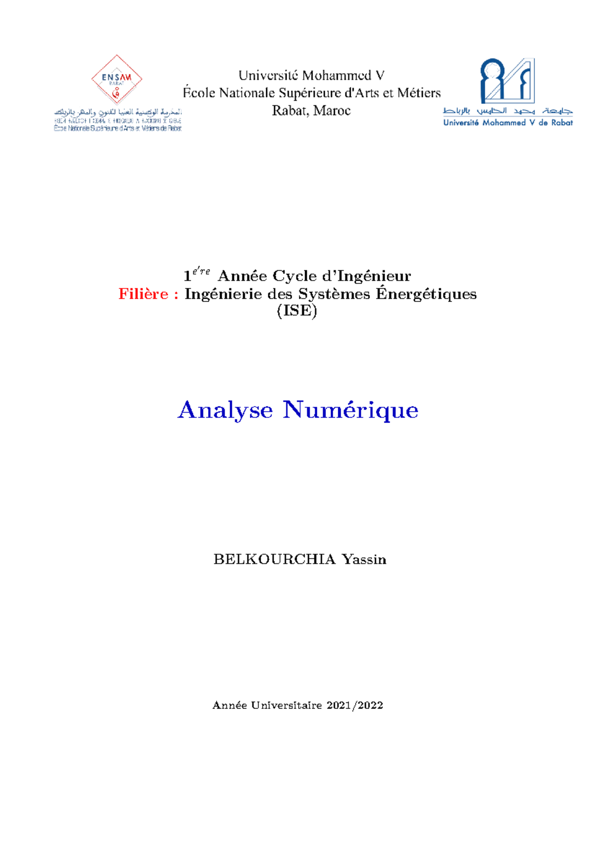 Cours Analyse Numérique - 1 e′re Année Cycle d’Ingénieur Filière ...