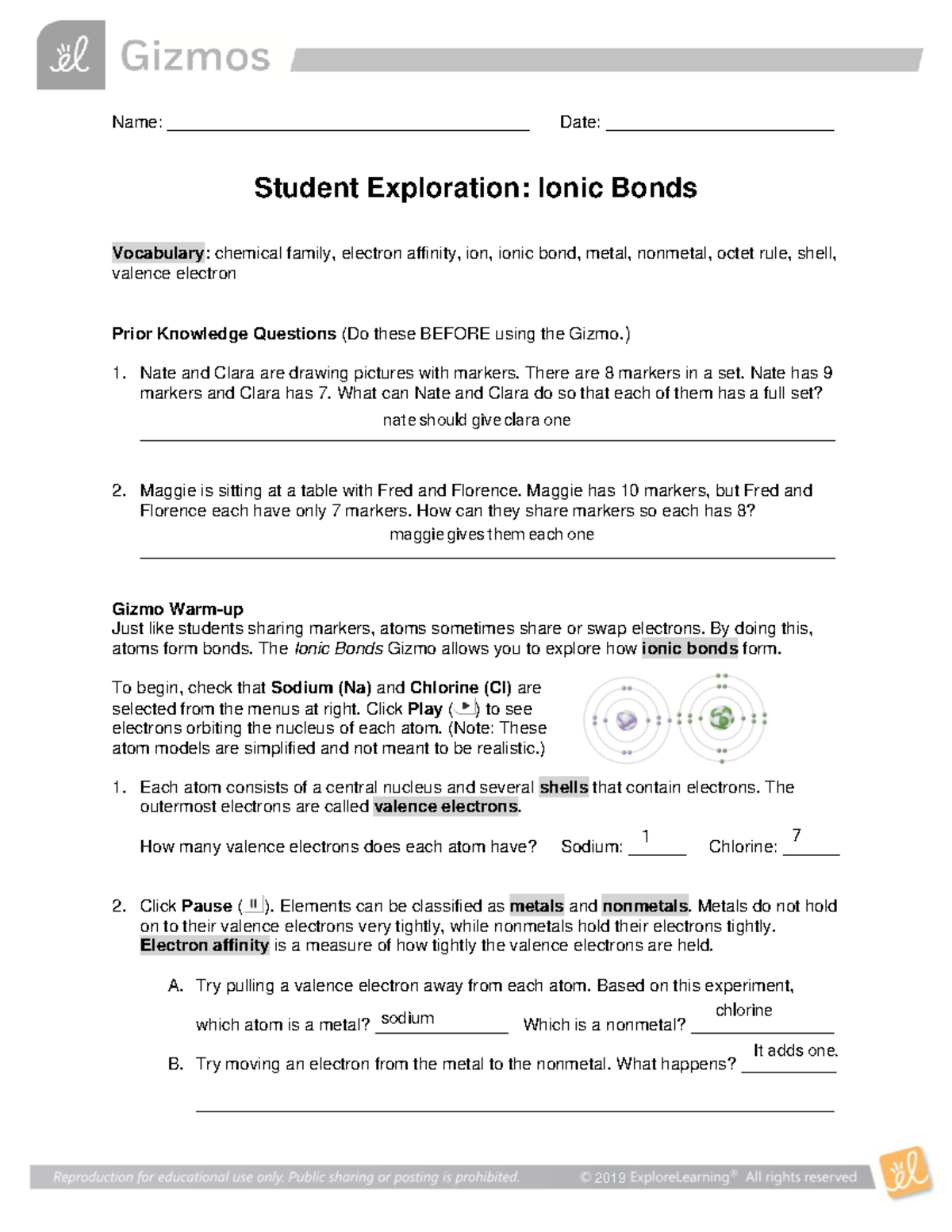 Ionic Bonds Exploration Using Gizmo - Activity Guide (2019) - Studocu