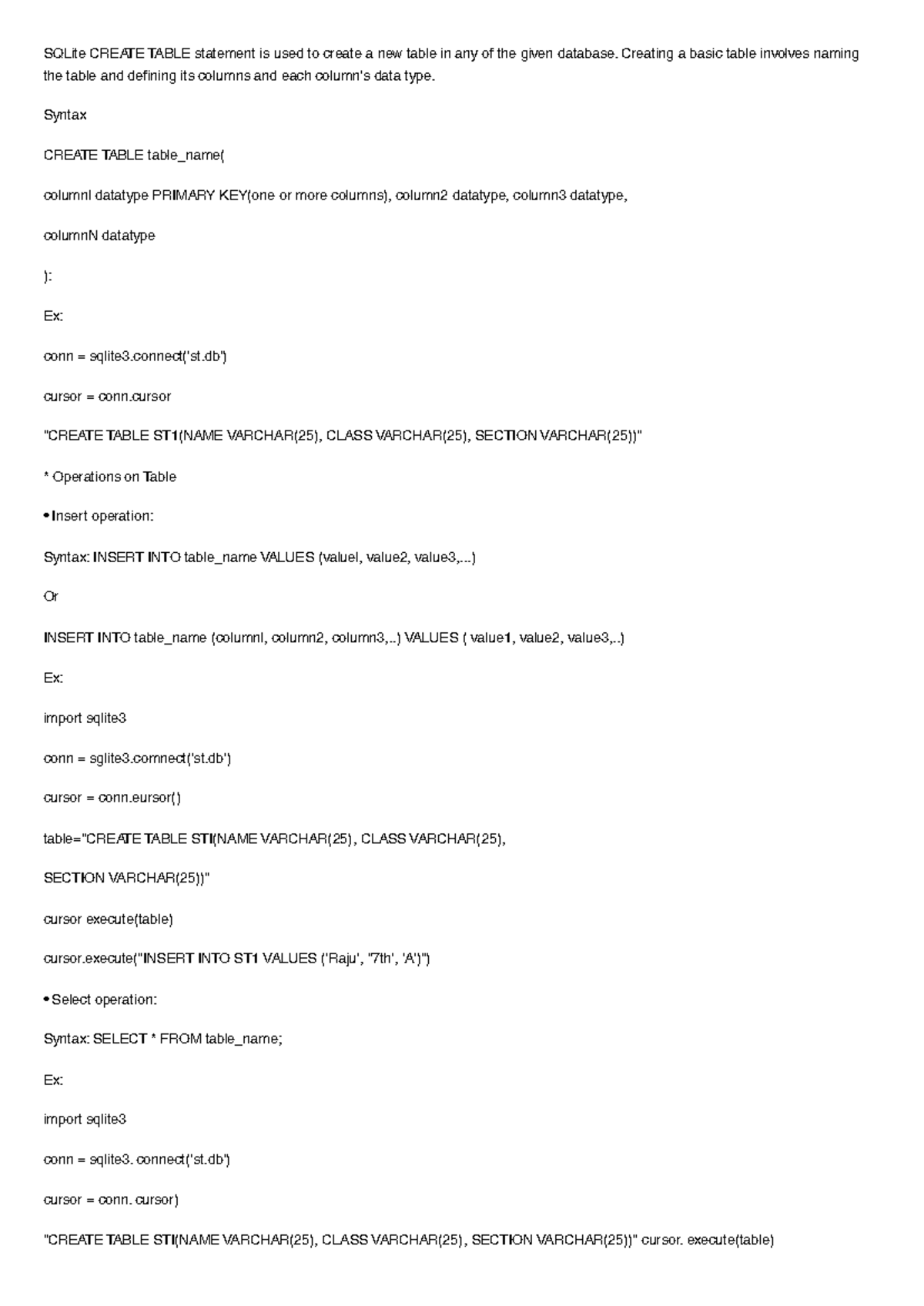SQLite CREATE TABLE and Basic Operations Guide (20250521) - Studocu