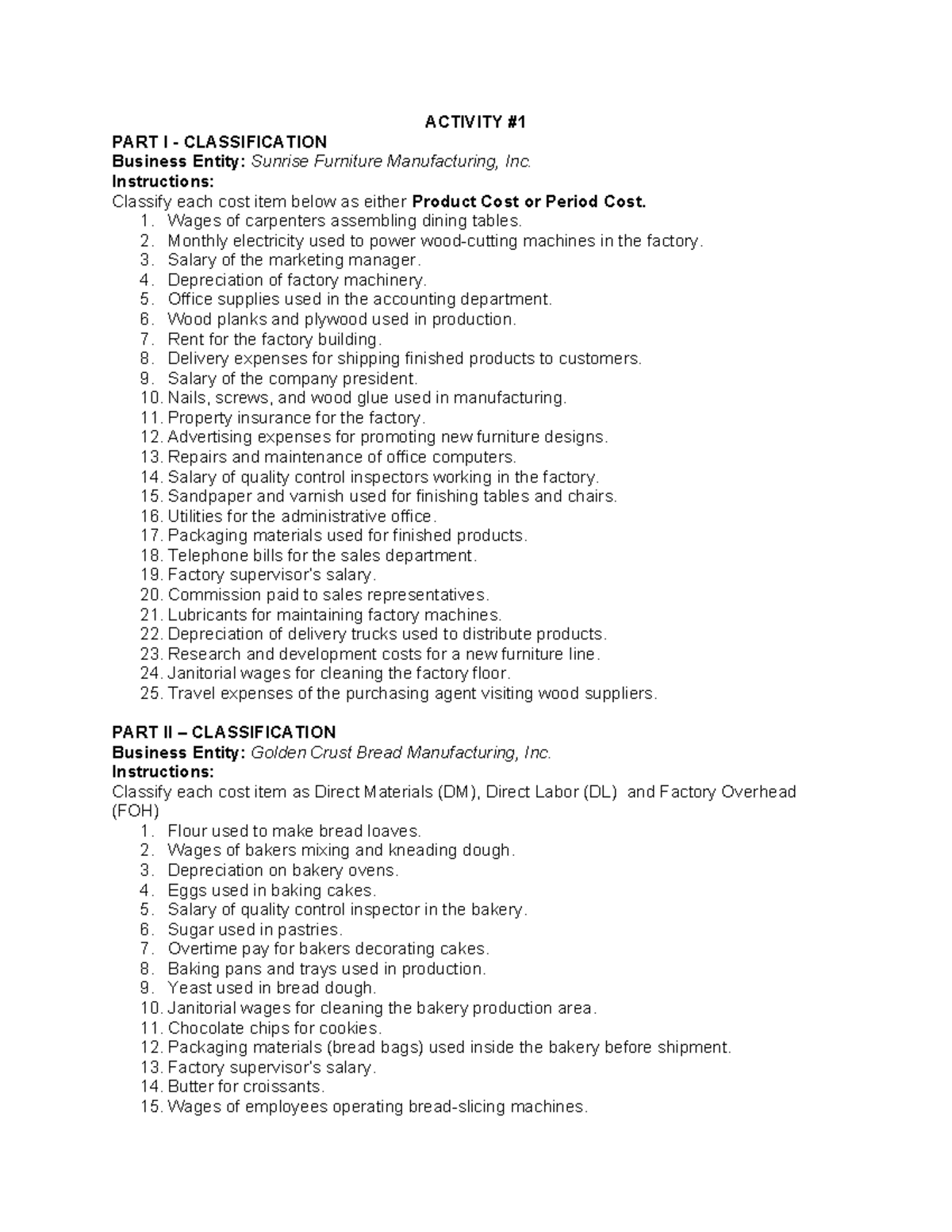 Activity-ACC5: Cost Classification for Furniture & Bakery Manufacturing ...